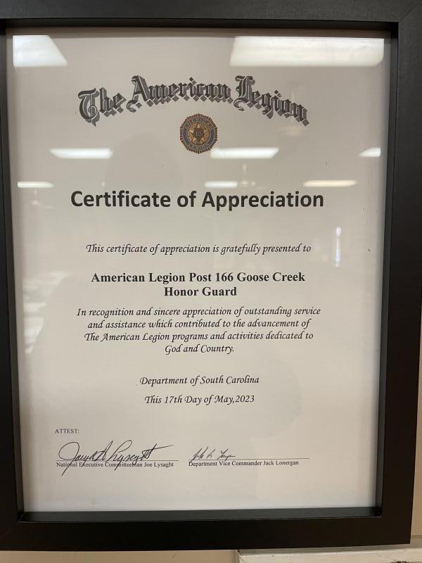 American Legion Post 166 (Goose Creek, S.C.) honor guard receives ...